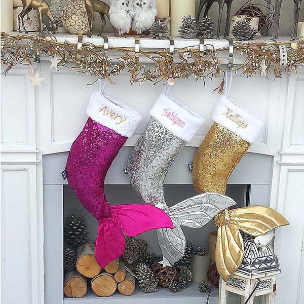 18 Inch Sparkly Mermaid Tail Christmas Stocking Sequins Mermaid Holiday ...