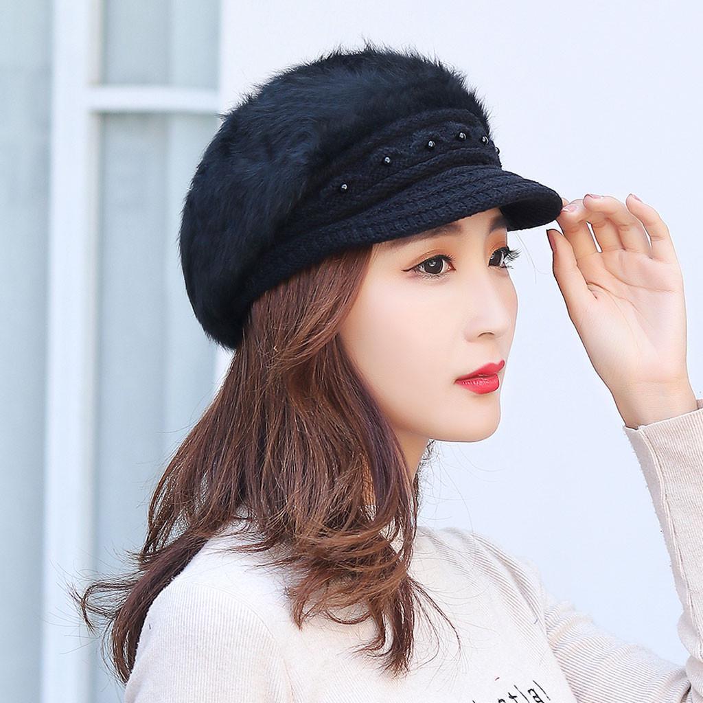 Buy Fashion Women's Warm Solid Thicken Soft Wool Hat Knit Windproof Cap ...