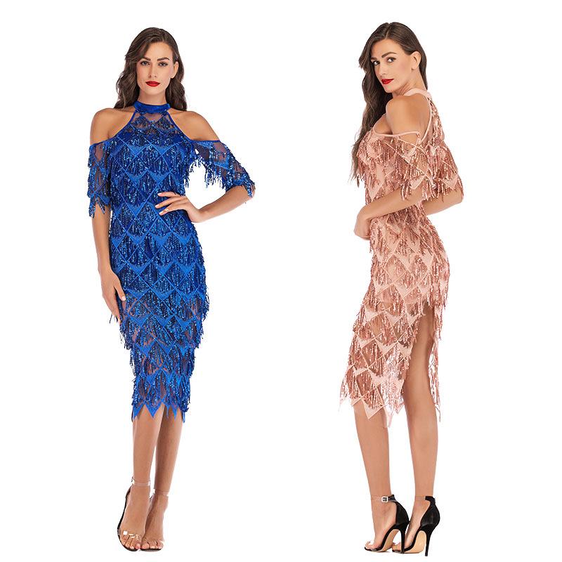 Kadın Parti Gece Elbiseleri için Zarif Mavi Elbise Seksi Halter Payetli ...