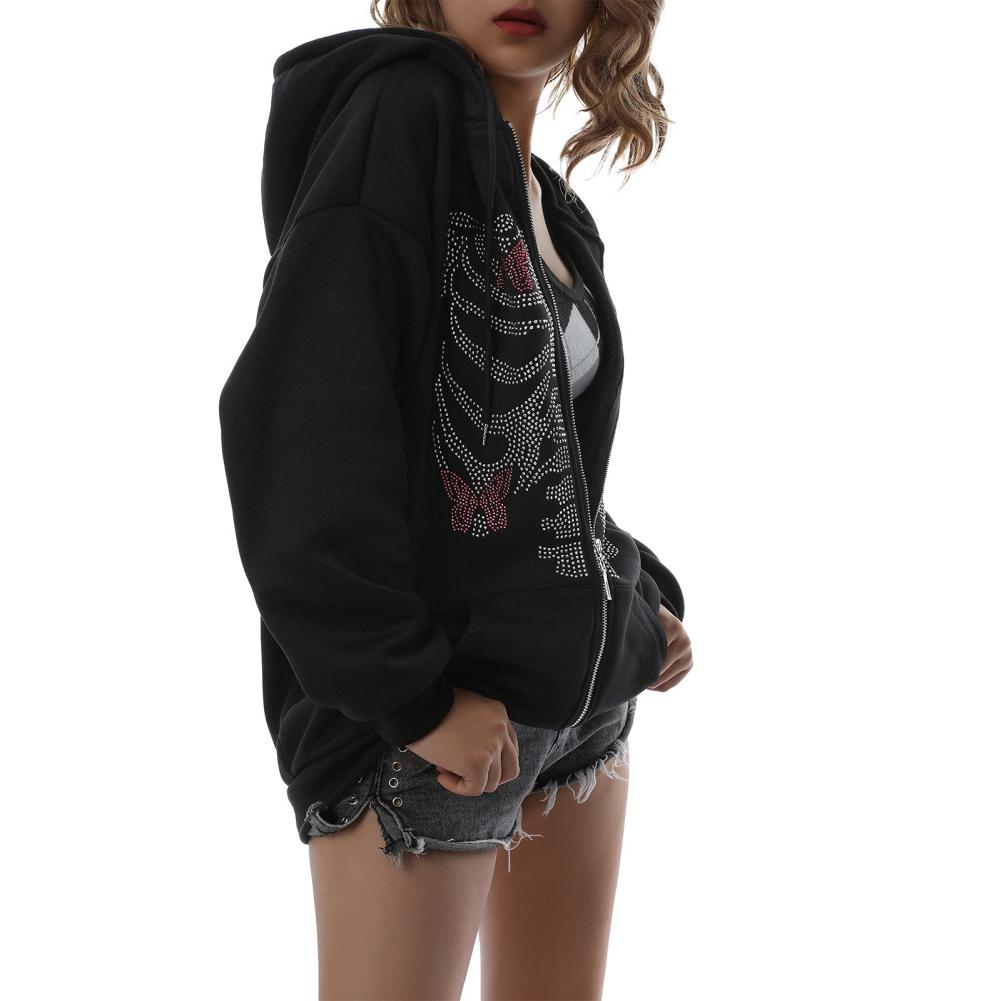 Damen Y2k Zip Up Hoodie Ästhetische Schmetterling Skelett Strass Kapuzenpullover Pullover E-Girl ...