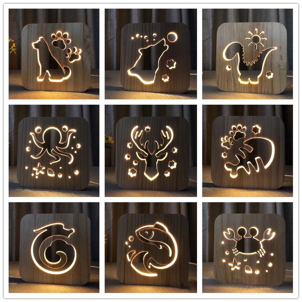 Buy Wooden LED Night Light Animale Dog Paw Cat Lion Pet Shaped 3D USB ...