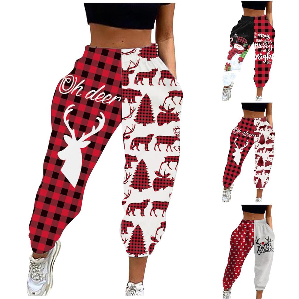 Fashion Casual Women's Christmas Printed Pattern Loose Stitching Pants ...