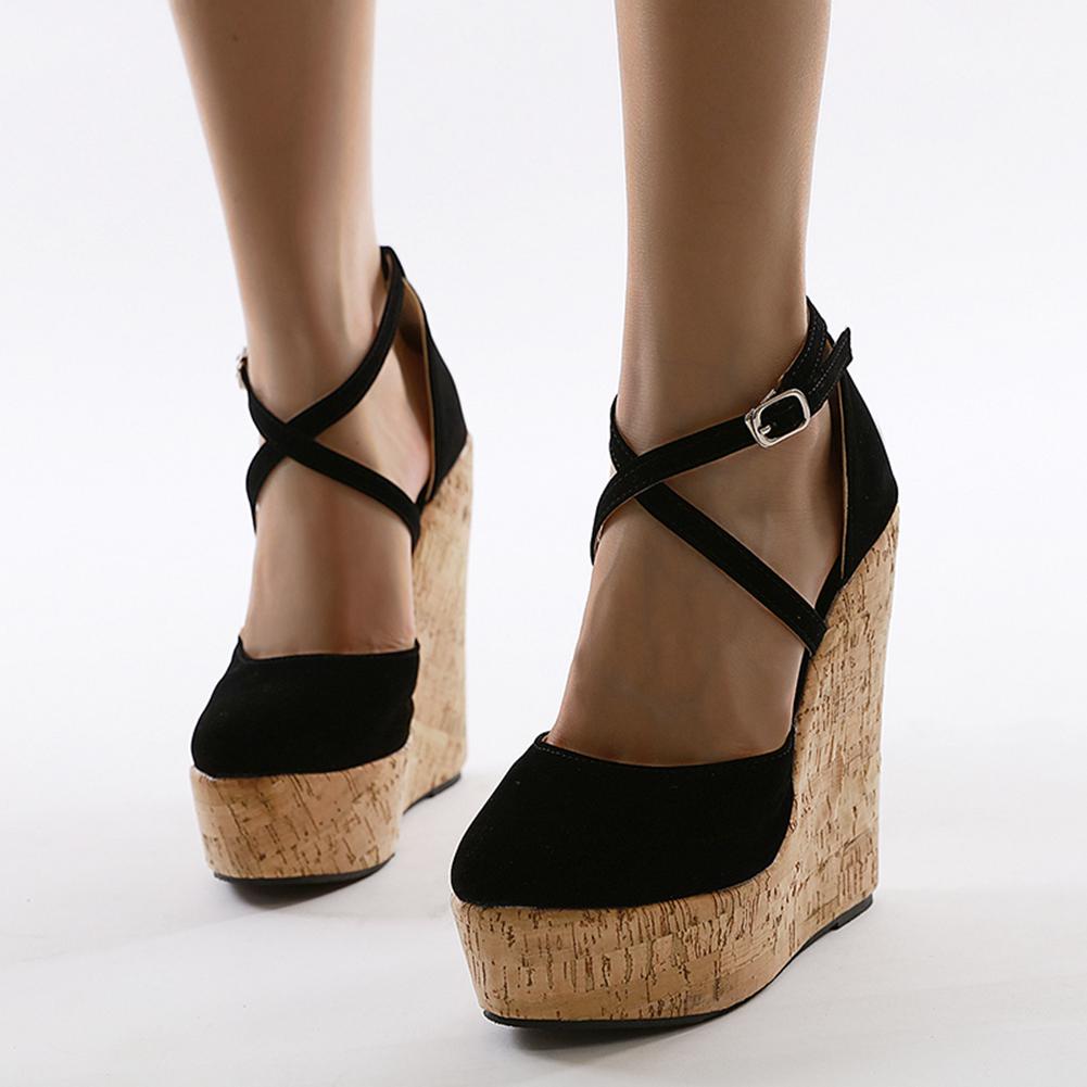 Flock Wedges Cover Heel Buckle Strap Platform With Med Platform Casual ...