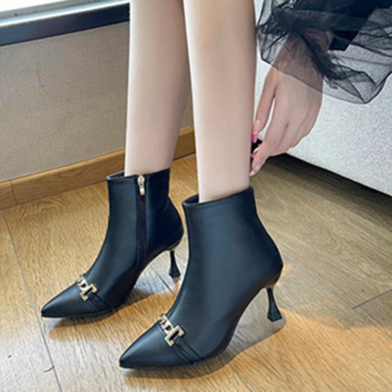 Autumn and Winter Footwear Women's Casual Pointed Thin Heel Chain High ...