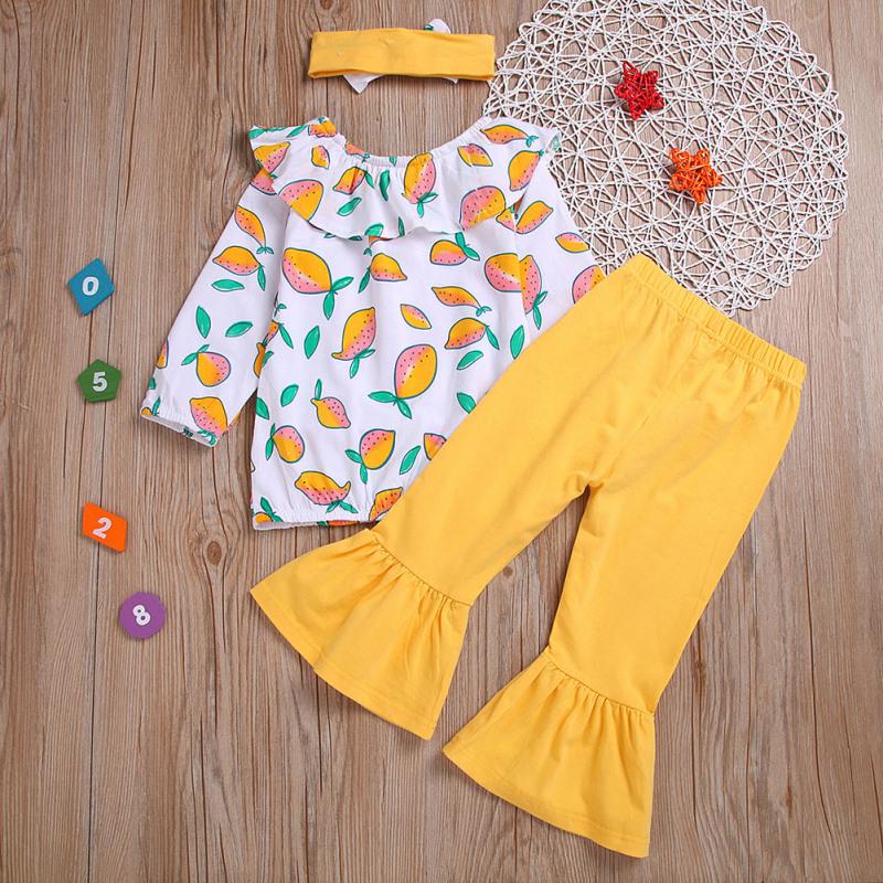Spring Baby Girl Lemon Print Outfits Set T-shirt Trousers Headband ...