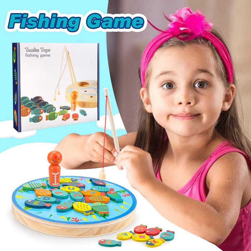 Buy 2 in 1 Fishing Game 30 PCS Wooden Magnetic Alphabet Letter Fishing ...