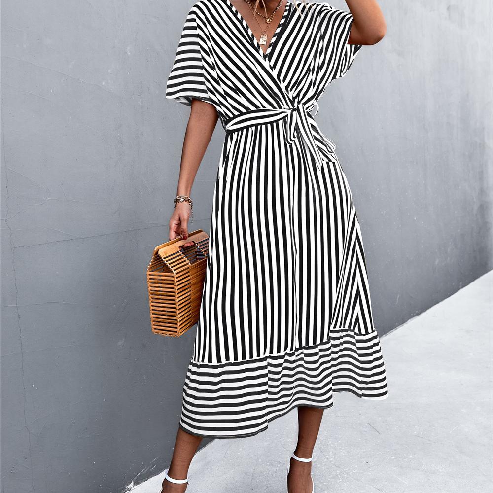Buy Women's V Neck Cross Tie Lace Up Patchwork Striped Dress Beach ...
