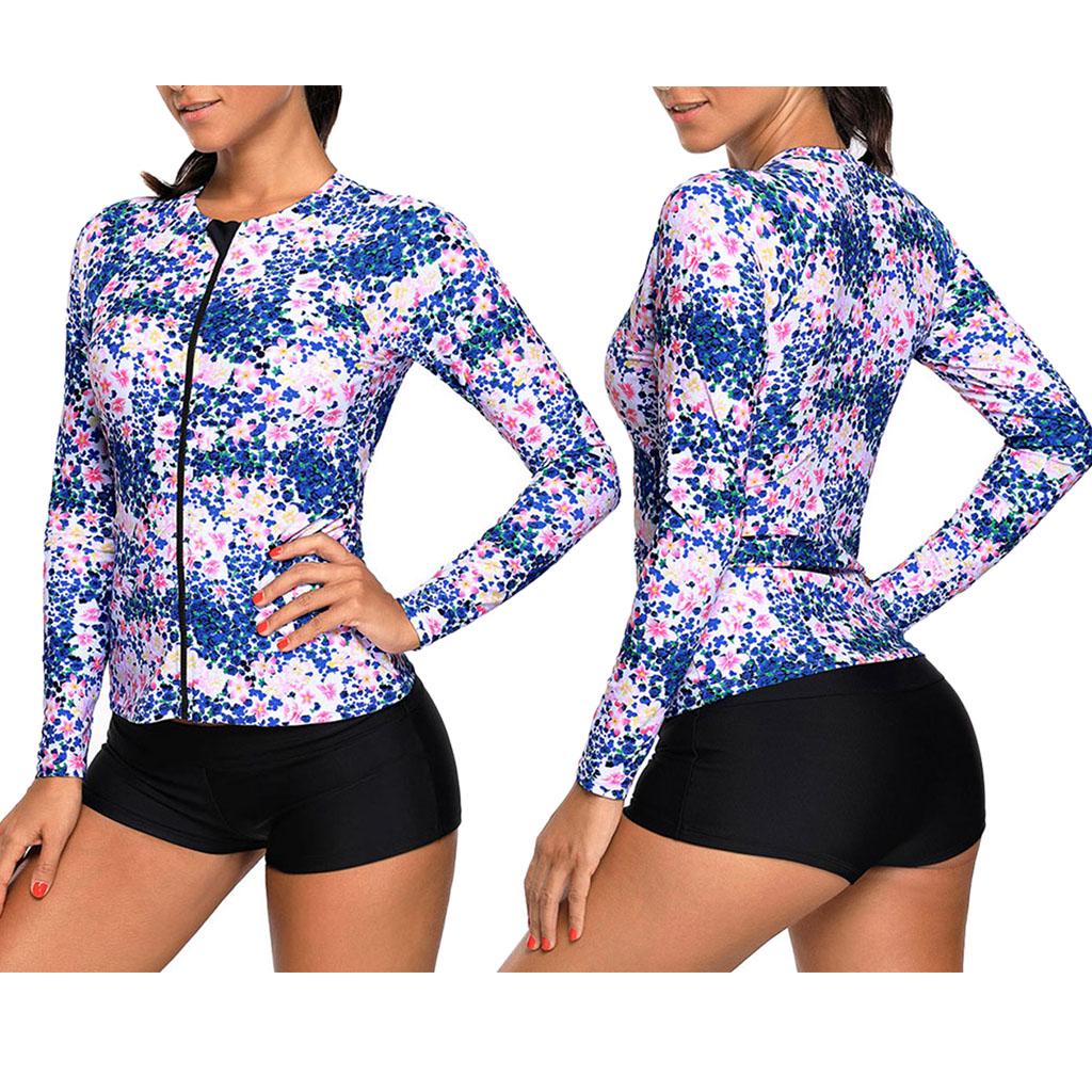 Long Sleeve Zip Front Swimsuit Top Bathing Suit Surfing Wear S Blue ...