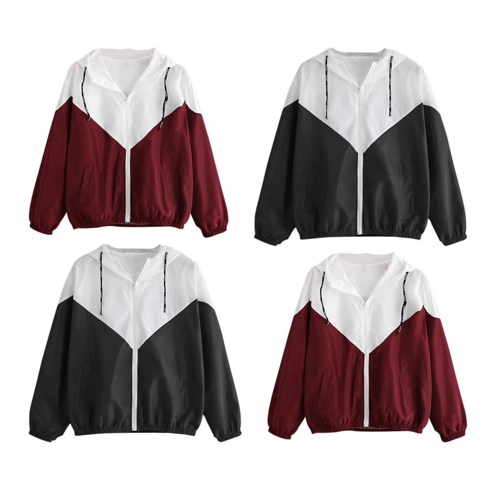 Buy Women Fashion Splicing Color Hooded Zipper Jacket Casual Coat ...