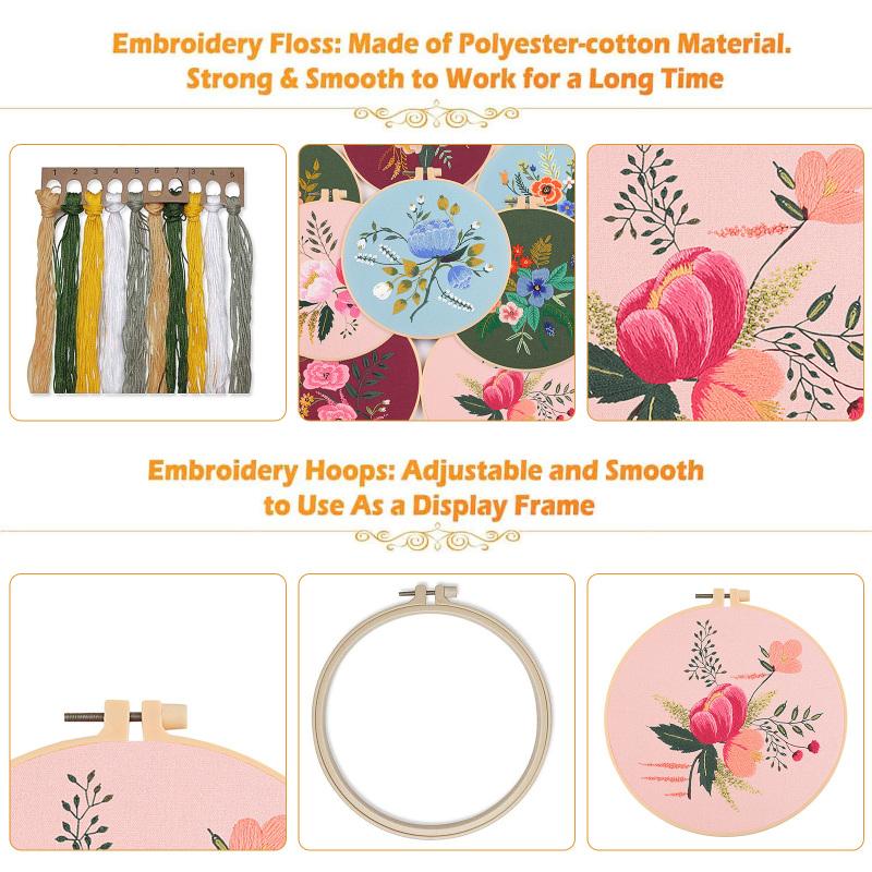Buy 6 Pcs/set Fabric Floral Embroidery Diy Kit With Embroidery Stretch ...