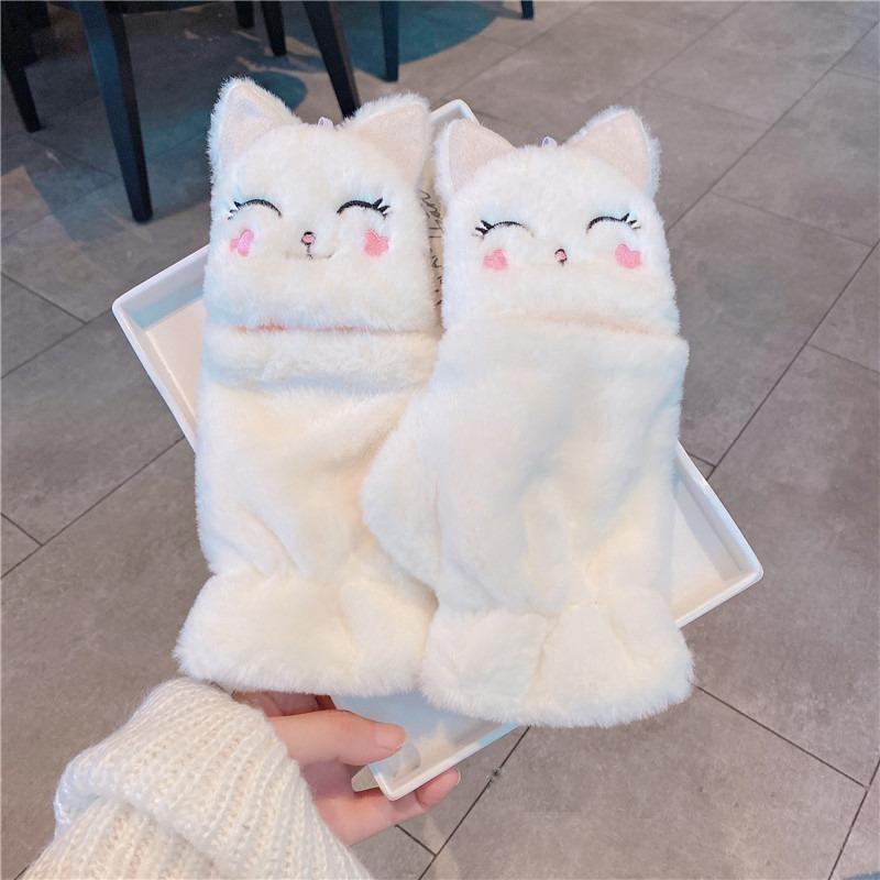 Buy Cute Cat Fur Mittens Women Winter Gloves for Women Girls Animal Ear ...