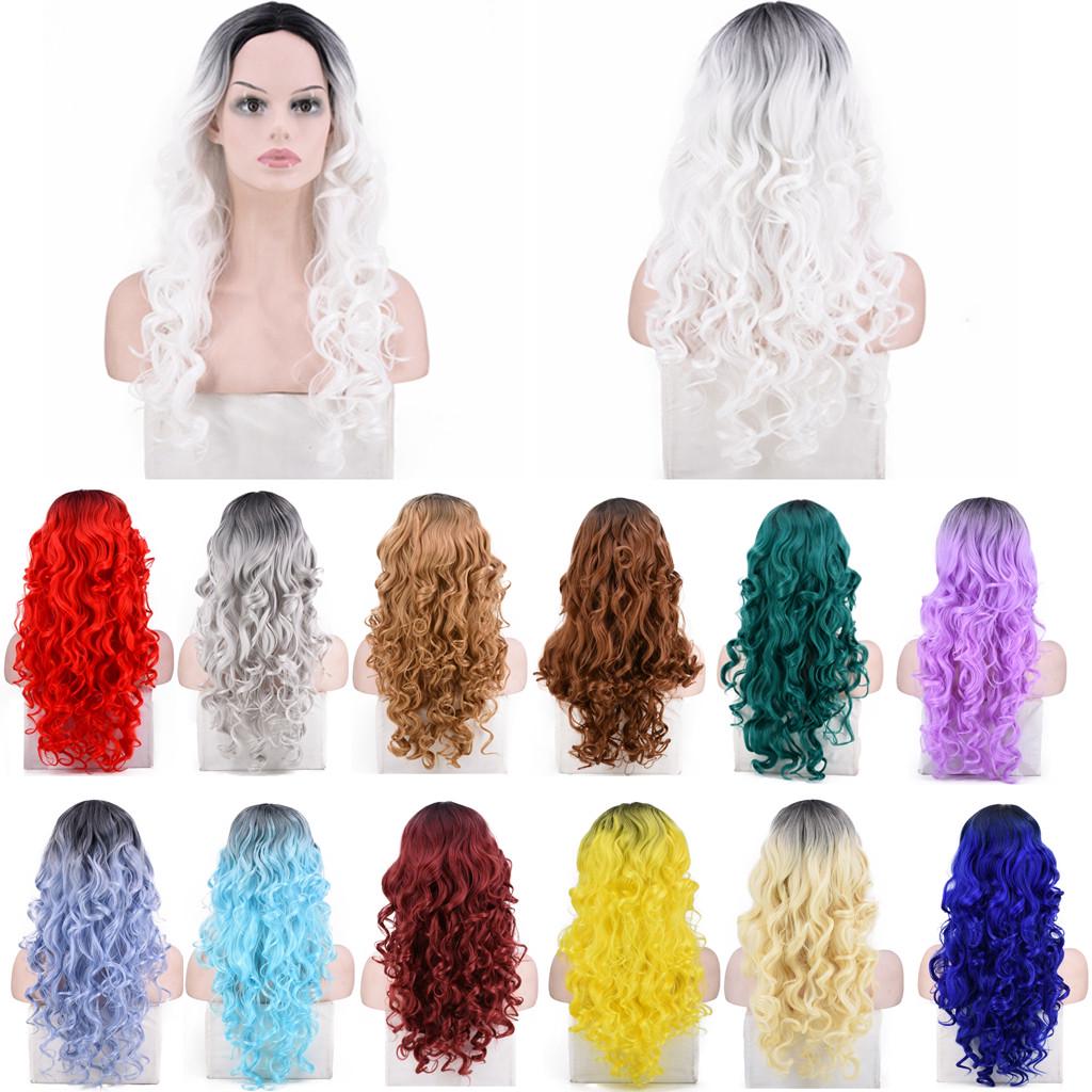 Buy Women Natural Party Cosplay Long Wave Wig Mix Colors Curly Wavy ...