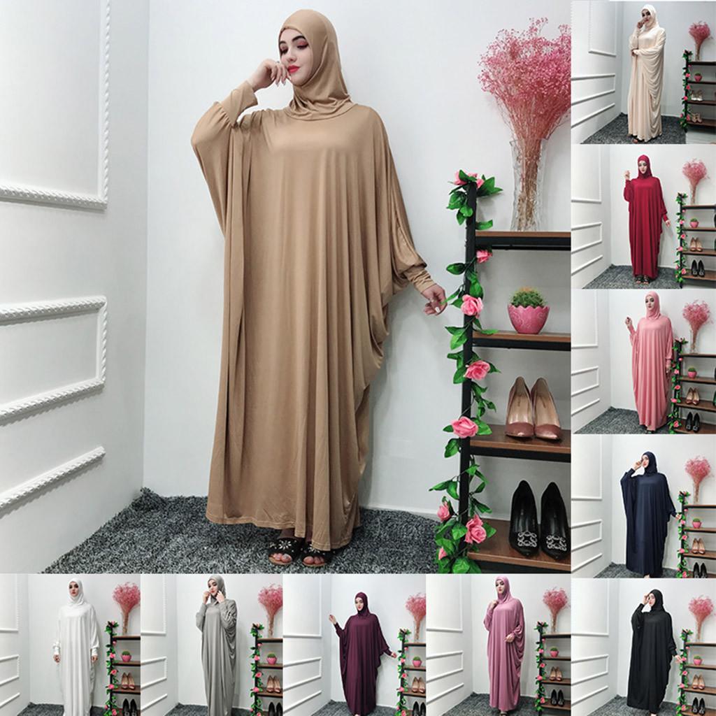 Buy Women Muslim Dresses Solid Color Headgear Mosque Bat Sleeve Robes ...