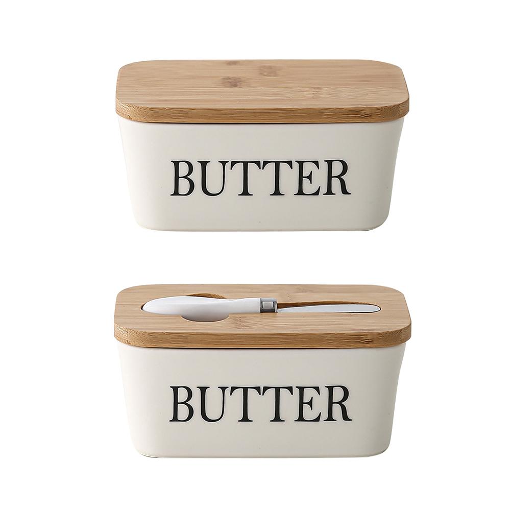 Buy Nordic Butter Sealing Box Ceramic with Wood Lids Butter Cheese ...