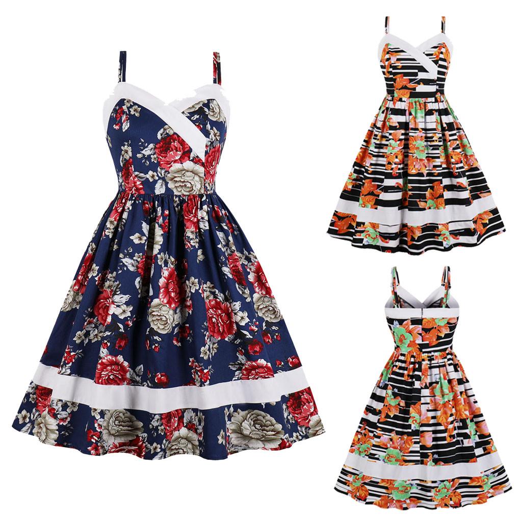 Buy Women's Vintage Print Dress Bow Floral Sping Retro Cocktail Dress ...
