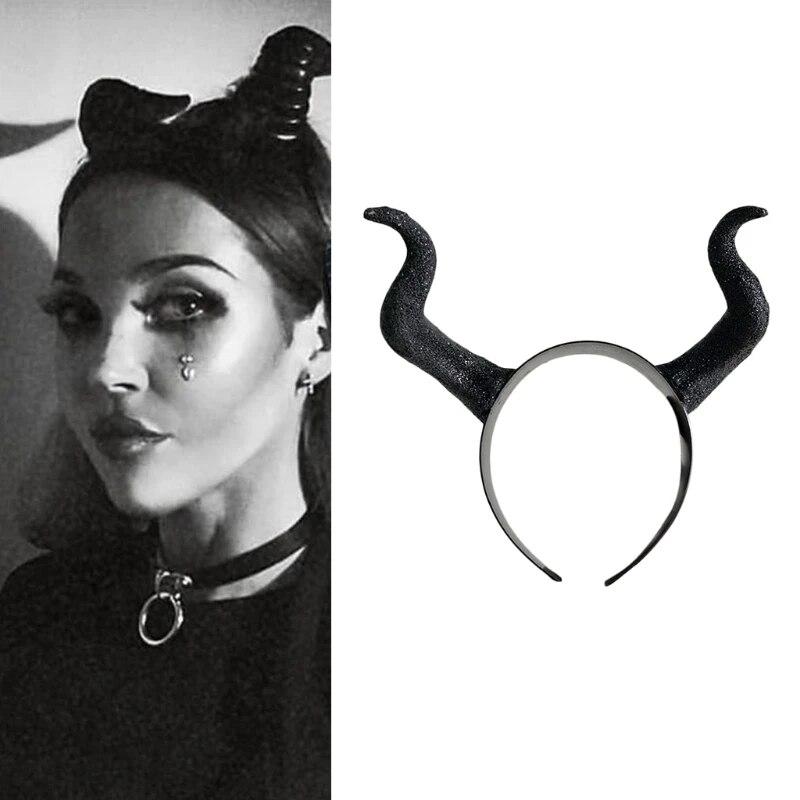 Halloween Witch Black Long Ox Horn Headband Movie Demon Evil Queen