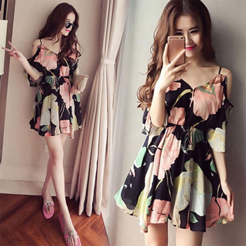 New Chiffon Printed Shoulder Spaghetti Strap Dress Backless Mini Dress ...