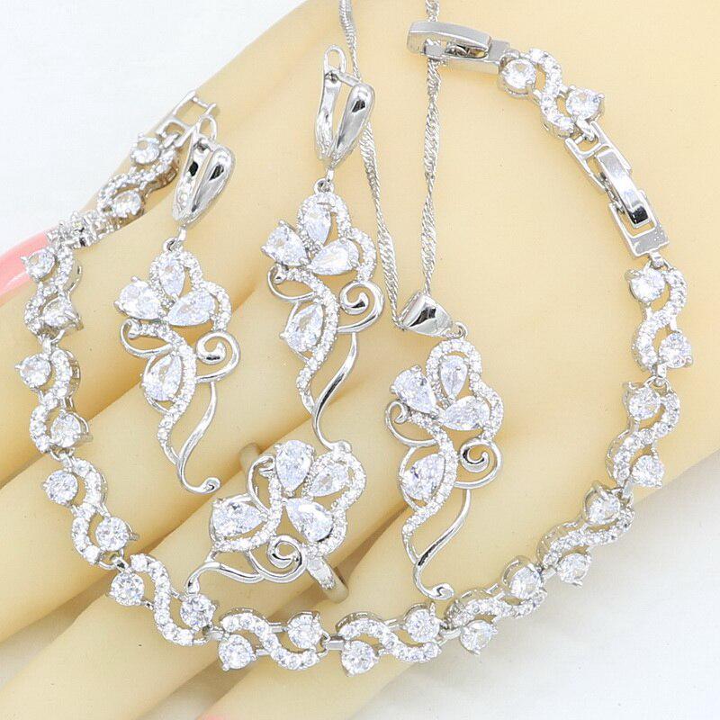 Buy Silver Color Jewelry Sets For Women White Zircon Bracelet Necklace ...
