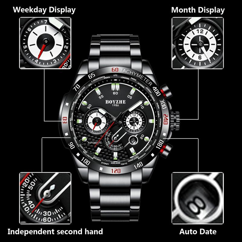 BOYZHE Men Sport Automatic Mechanical Watch Waterproof Stainless Steel ...