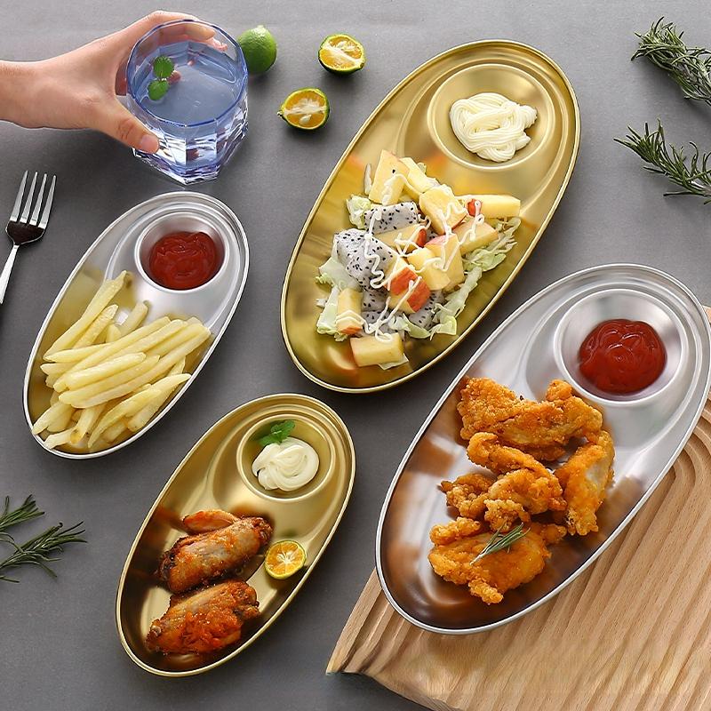 Buy 4 Stainless Steel Korean Snack Plates, Dumpling Plates, Gold Oval ...