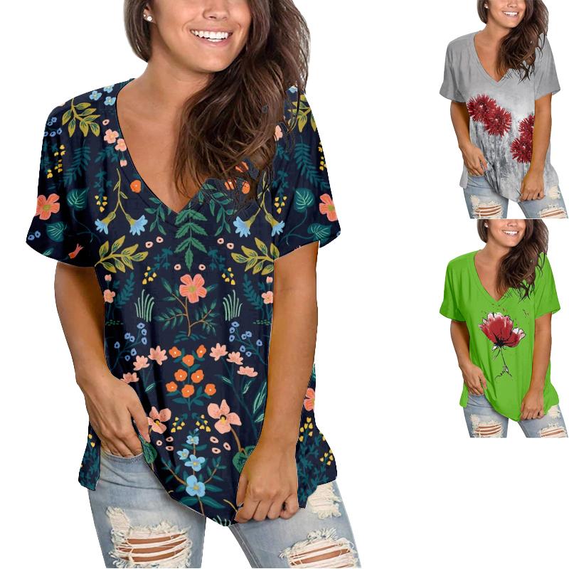Buy Summer Leisure Women Irregular Flower Print Upgrade Peach-shaped V ...