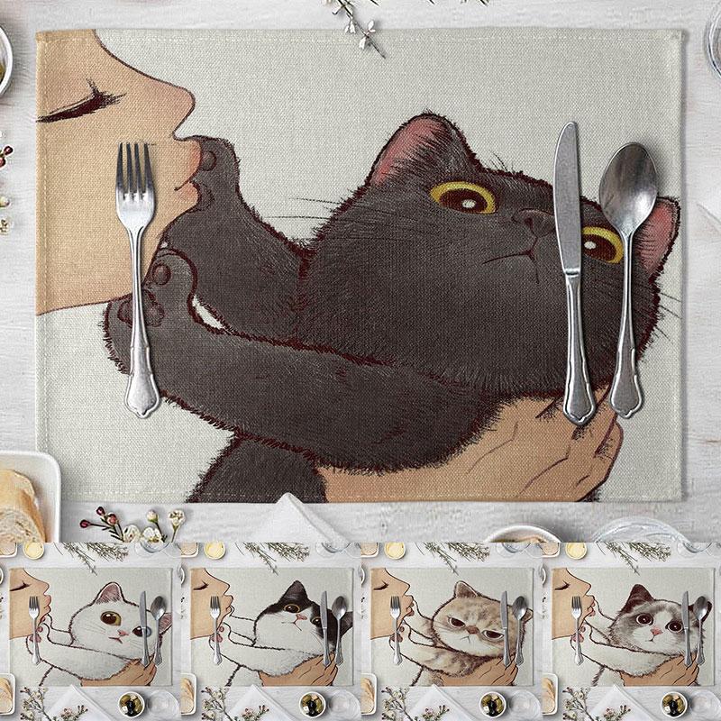 1PC 40x30cm Cotton Linen Cute Cat Cartoon Animal Table Mat Kitchen ...