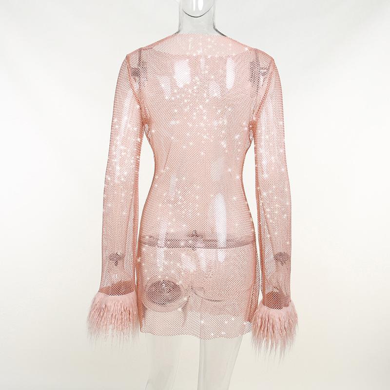 💰Köp billigt online Sexy Mesh Feathers Mini Dress Women Long Sleeve See ...