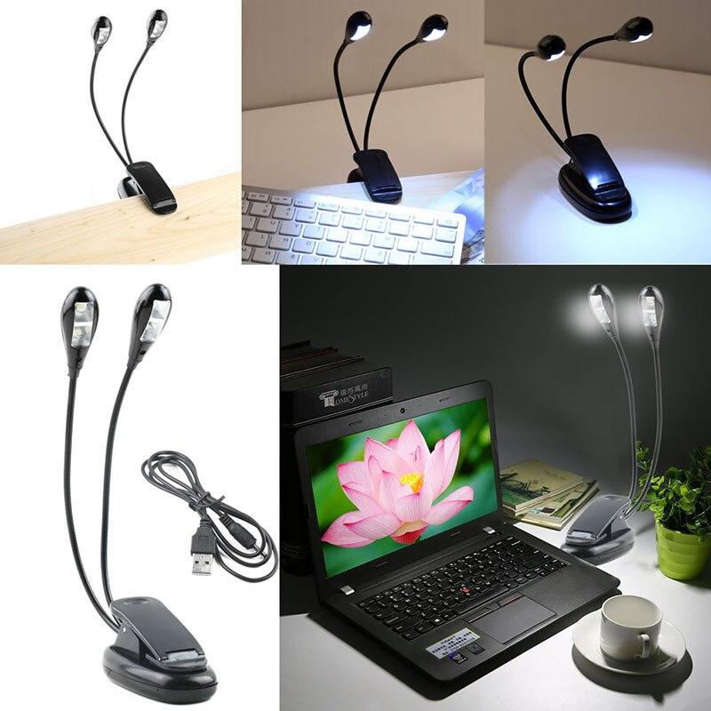 Book Reading Tablet Laptop Flexible 2 Dual Arm Light 4 LED Clip On Lamp ...