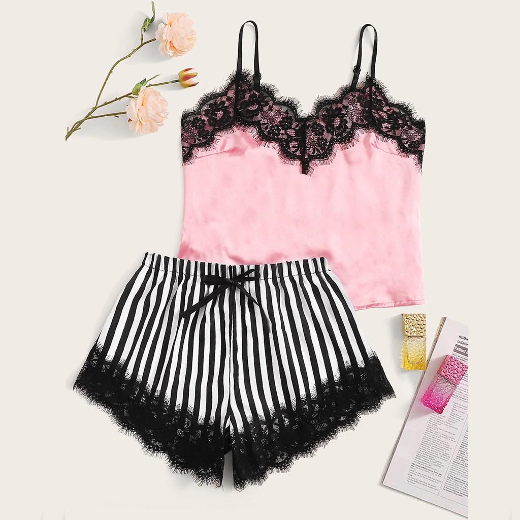 Buy Reba Women V-Neck Lace Satin Striped Camisole Pajamas Sleepwear ...
