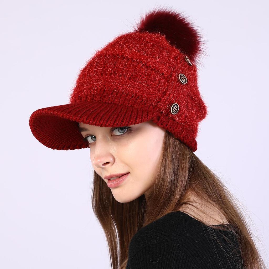 Buy Ladies Autumn and Winter New Style Fur Ball Knitted Hat Button Plus ...