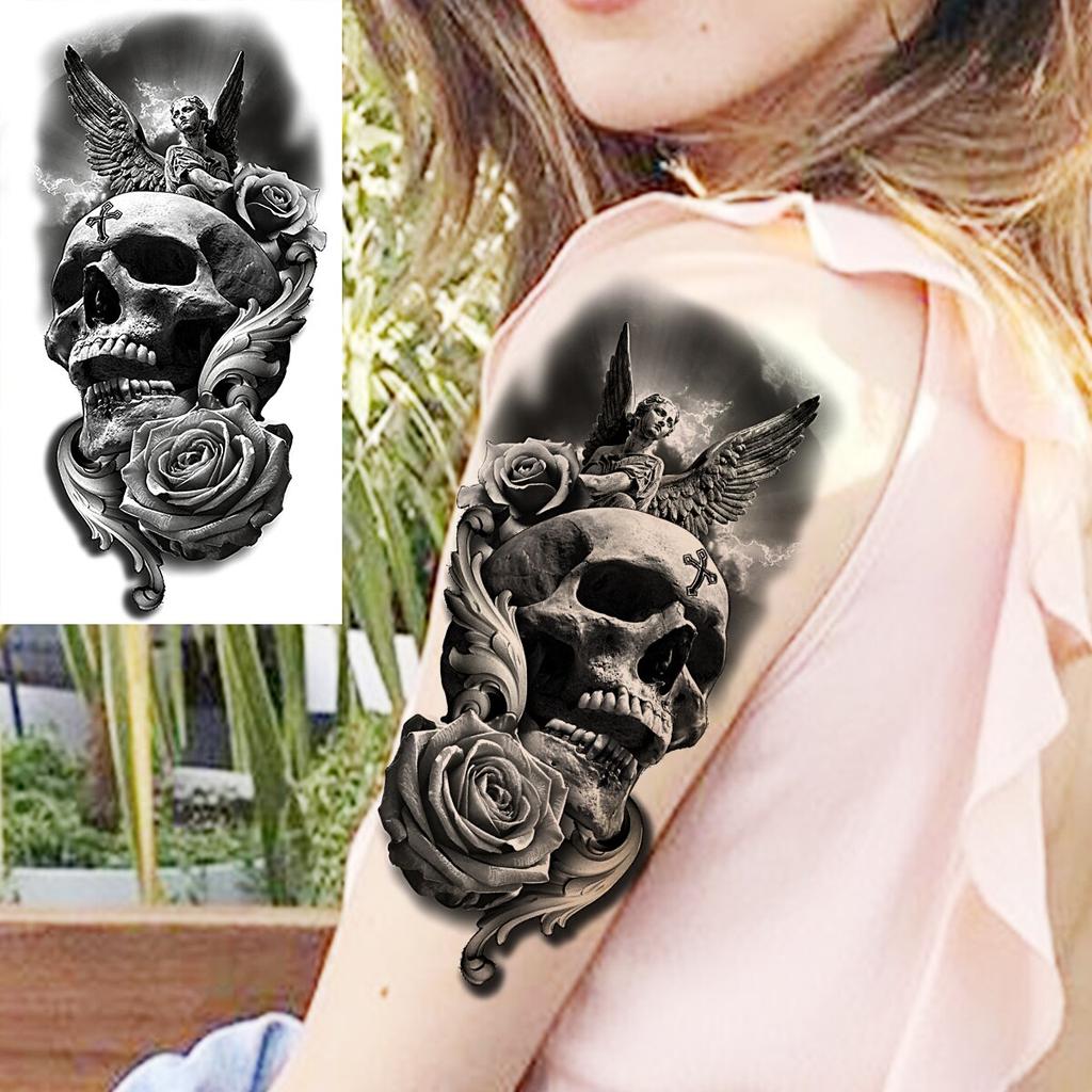Black Scary Rose Flower Gangster Temporary Tattoos For Women Men Wolf Lion Pirate Skull Fake ...