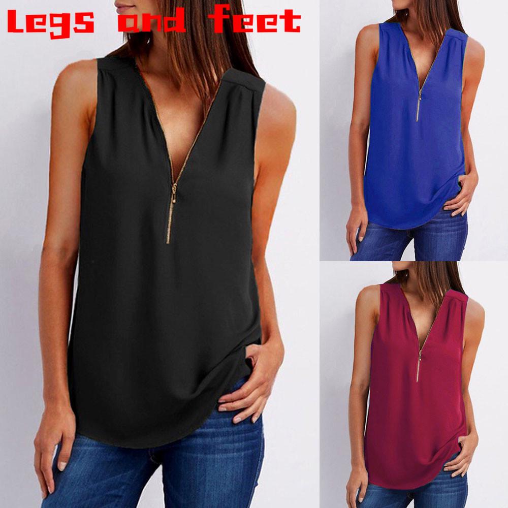 Buy Fashion Women Casual Sleeveless Tops T-Shirt Loose Zipper V-Neck ...