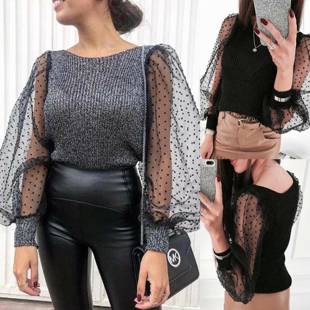 Buy Sexy Women See Through Lace Mesh Sheer Long Sleeve Crop Top T Shirt ...