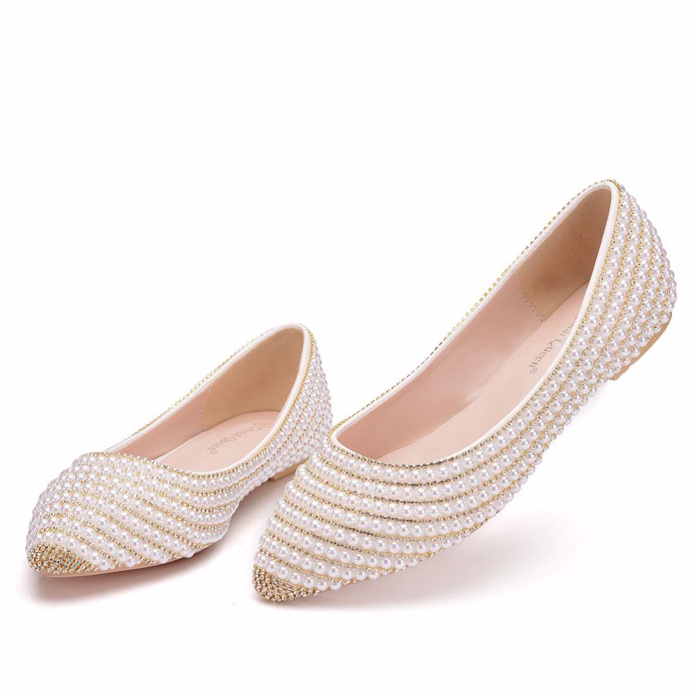 Cheap Crystal Queen White Silver Rhinestone Flats Wedding Shoes Pointed ...
