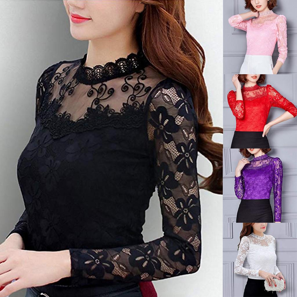 Buy Fashion Womens Office Lace Floral Long Sleeve Slim Work Shirt Top ...