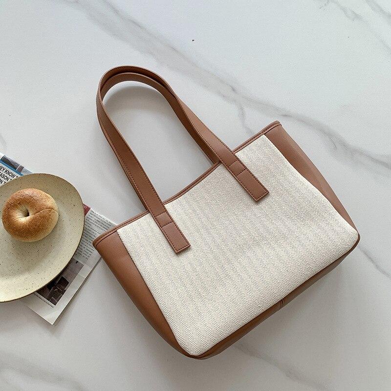 Satın alın Korea Canvas Large Handbag Women Patchwork PU Shoulder Bag ...
