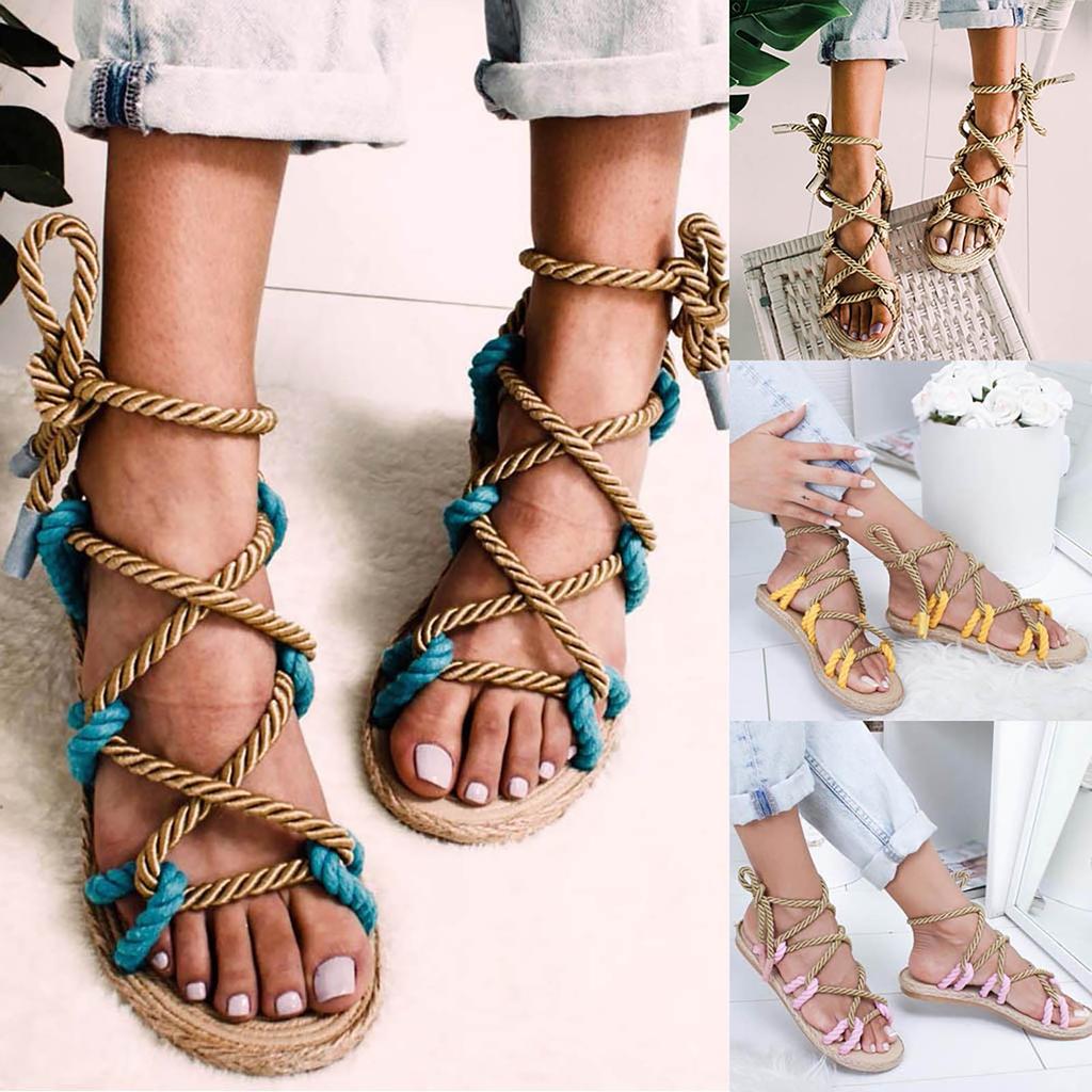 Buy Women Summer Slippers Hemp Rope Flat Lace Beach Slippers Open Toe ...