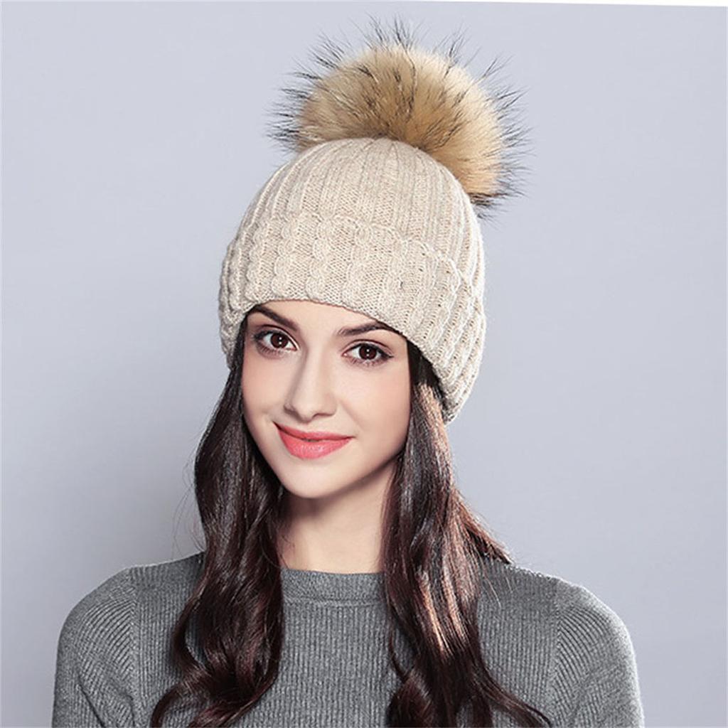 Buy Knitted Hat for Women Winter Hat Wool Luxury Beanies Skullies Real Fur Pom Hat for Girl ...
