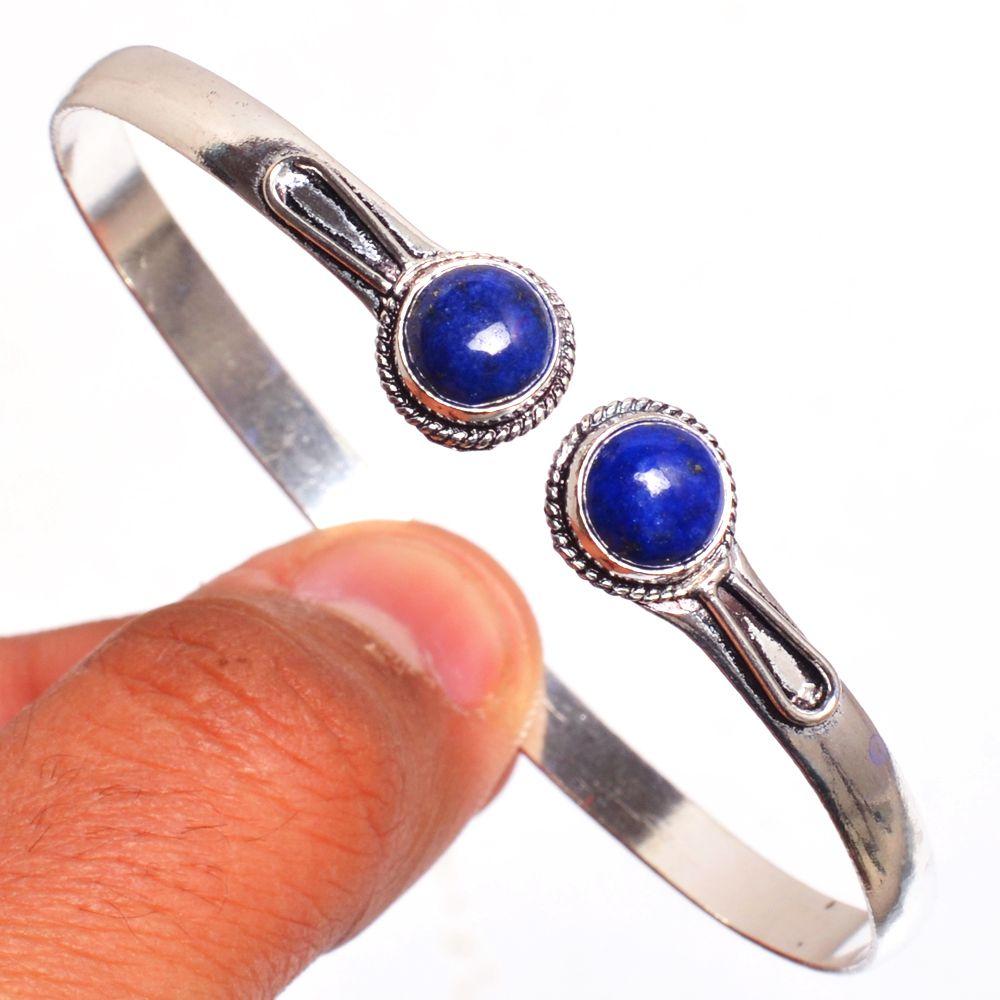 Lapis Lazuli 8mm Round Gemstone Silver Plated Adjustable Cuff Bangle ...
