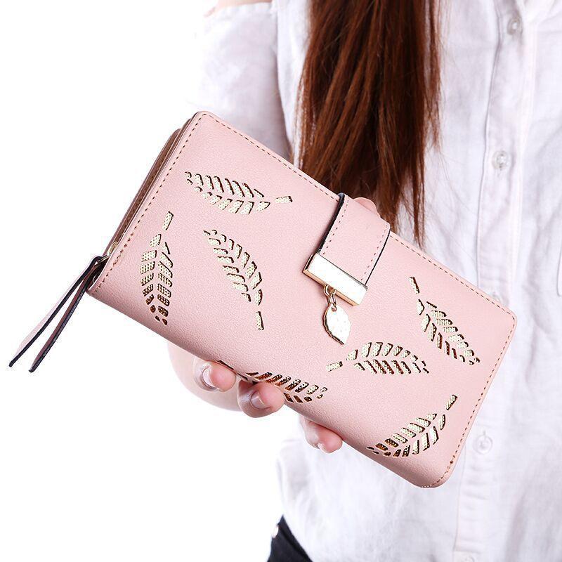 Ladies purse long fashionable hand bag hollowed-out leaves zipper clasp ...