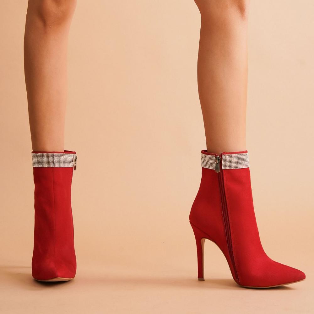 Купить Женские красные замшевые ботинки на каблуке с камнем | Joom