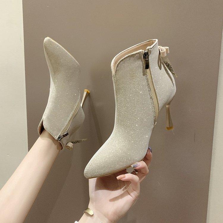 Winter Women's Short Boots Sparkly Sock Boots Low High Heel Ankle Boots ...