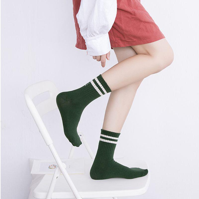 Preppy Style Women Girl Long Crew Socks Double Stripes Smile Letters ...