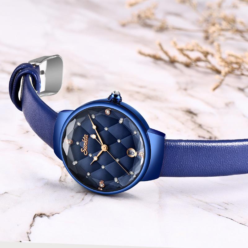 Buy SUNKTA Women Fashion Blue Quartz Watch Lady Leather Watchband High ...