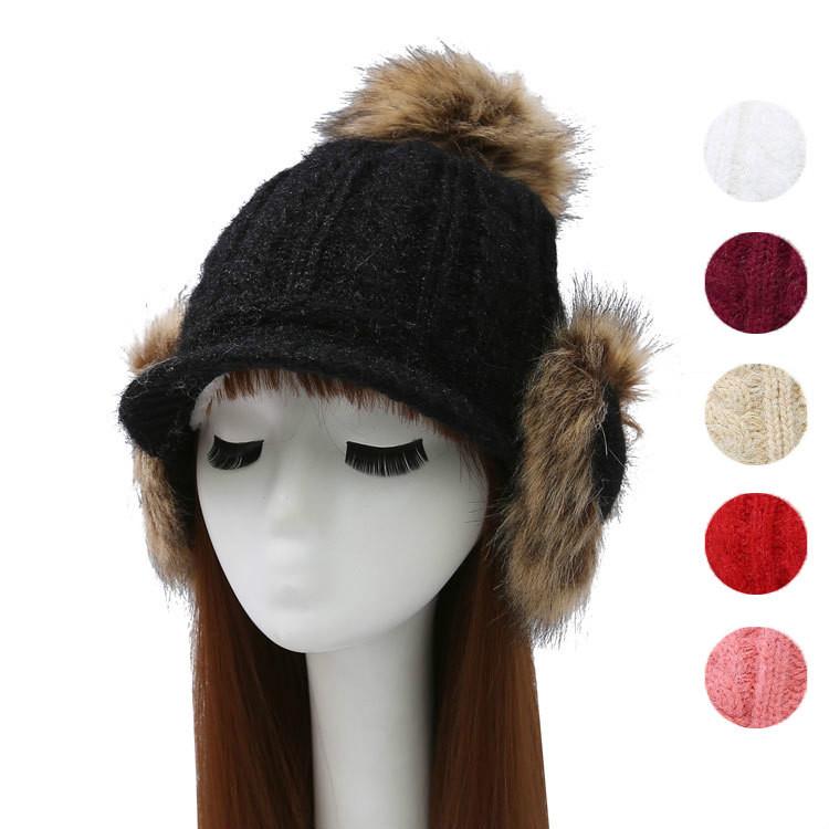 Autumn and Winter Big Hair Ball Bag Ear Knitted Hat Lady Outdoor Warm ...