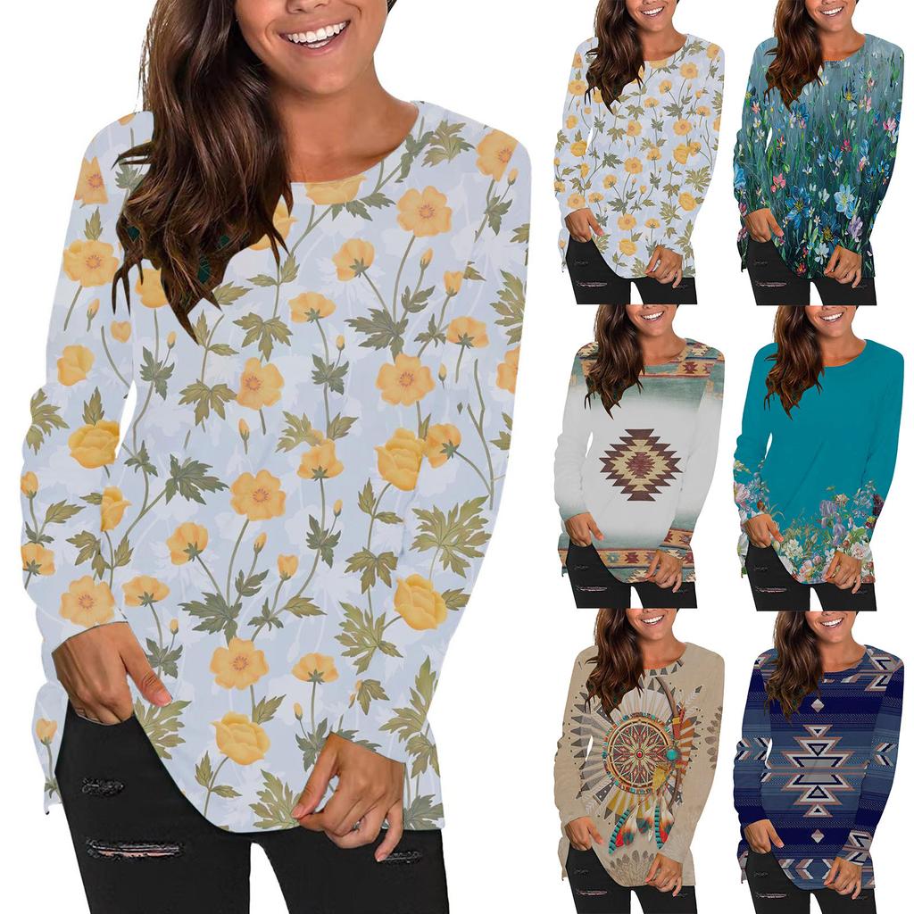 Cheap Women Casual Printing Loose Round Neck Long Sleeve Tops | Joom