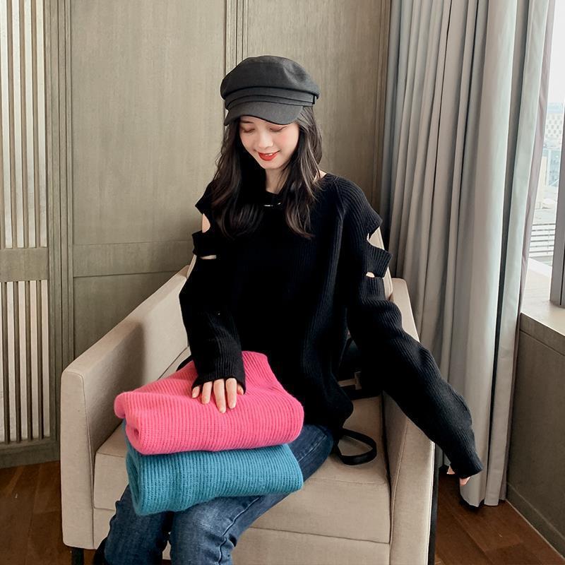 Buy Ripped Solid Color Loose Blouse Strapless Sexy Sweater Women Autumn ...
