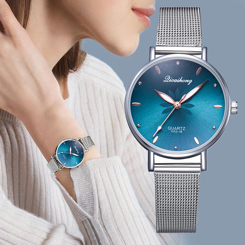 Buy Watches for Women Luxury Silver Popular Pink Dial Flowers Metal ...