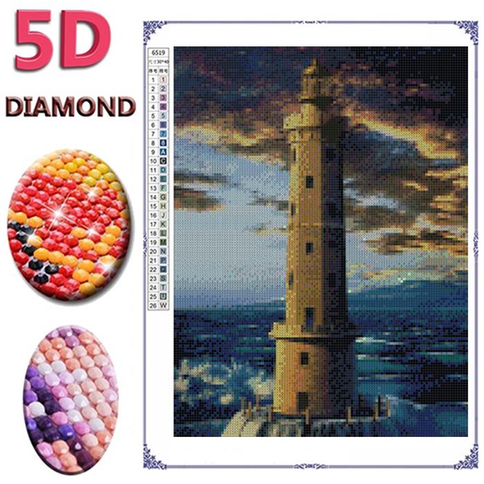 Buy 5D DIY Seaside Lighthouse Full Round Dill Diamond Painting Cross ...