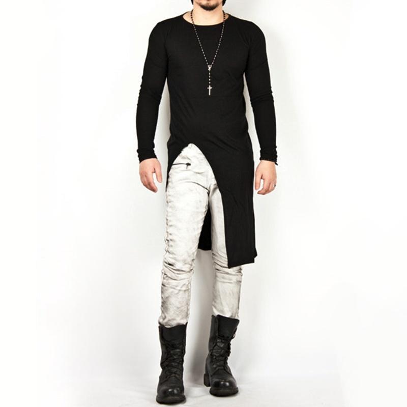 Buy Men Asymmetric Side Split Longline T-shirt Tee Long Sleeve Pullover ...